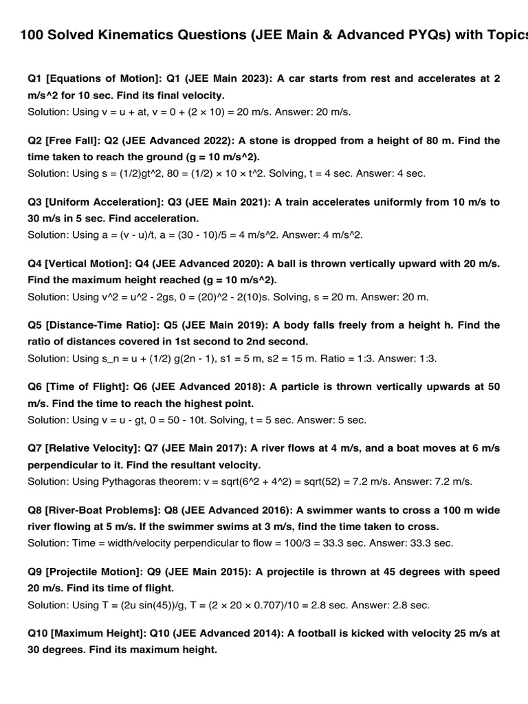 Kinematics2D - Solved JEE PYQs With Topics PDF | PDF | Acceleration ...