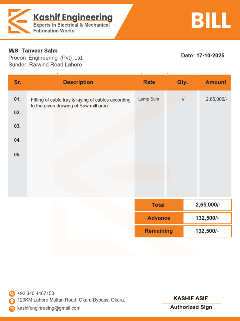 Bill For Laying of Cables & Fitting of Cable Tray - Saw Section | PDF