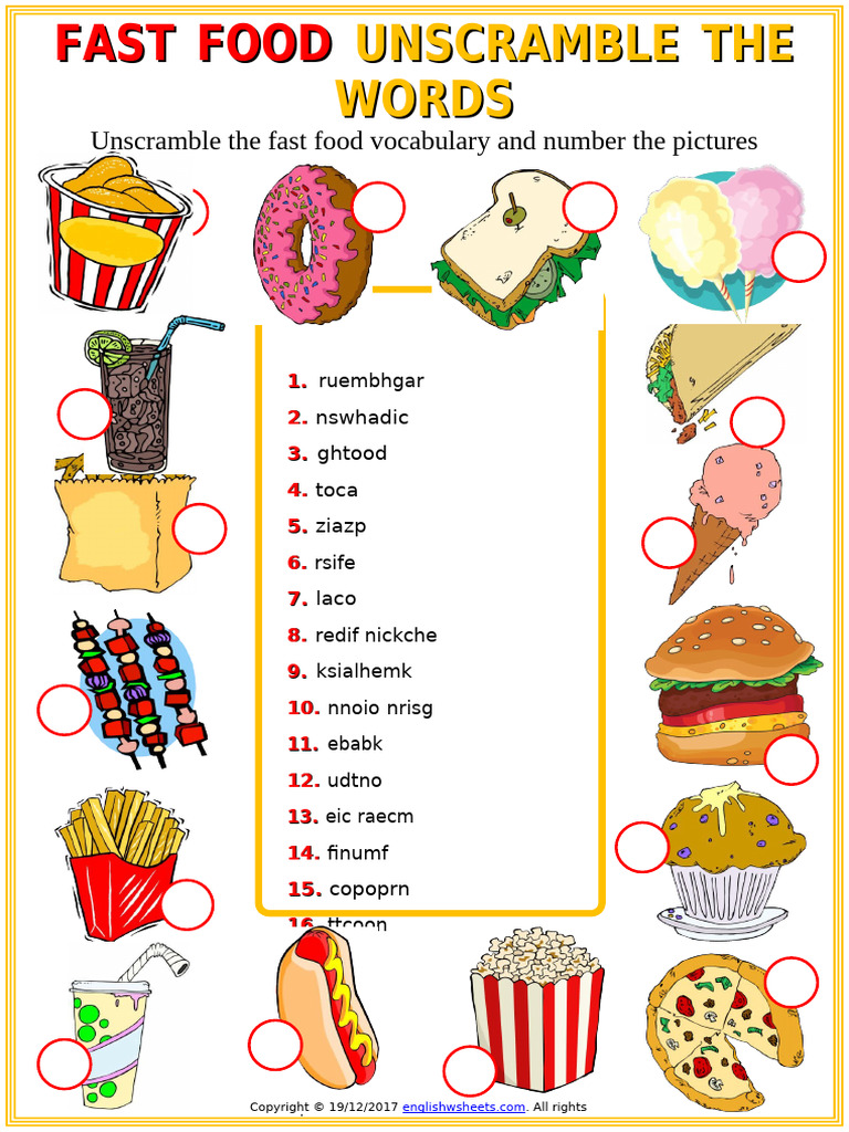 Fast Food Vocabulary Esl Unscramble The Words Worksheet For Kids | PDF