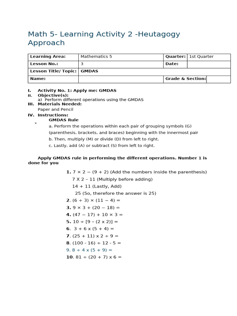 Math 5 - Quarter 1-Activity 2-Heutagogy Approach | PDF