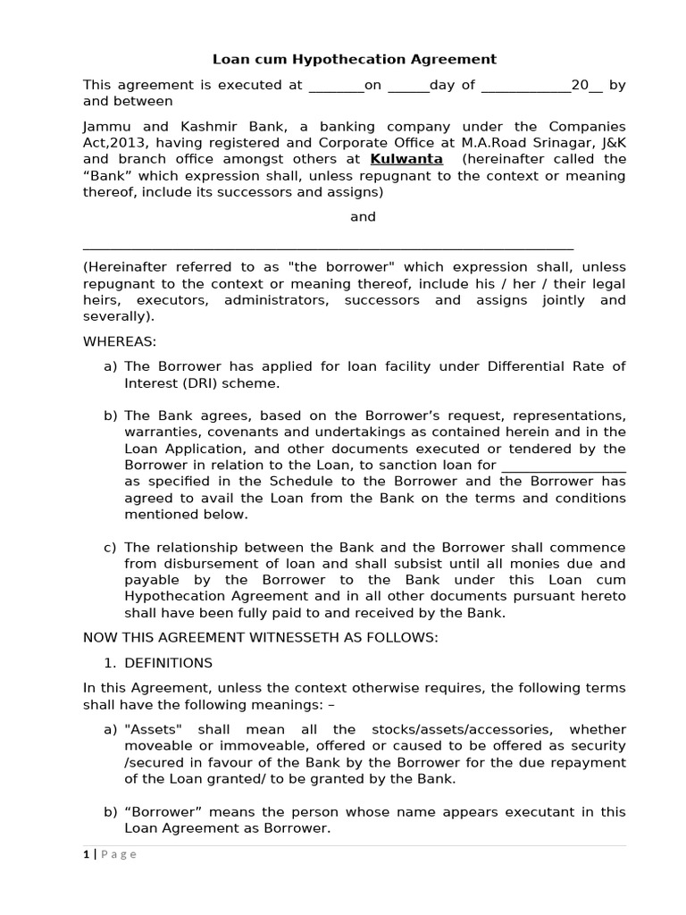 Loan Cum Hypothecation Agreement | PDF | Loans | Interest