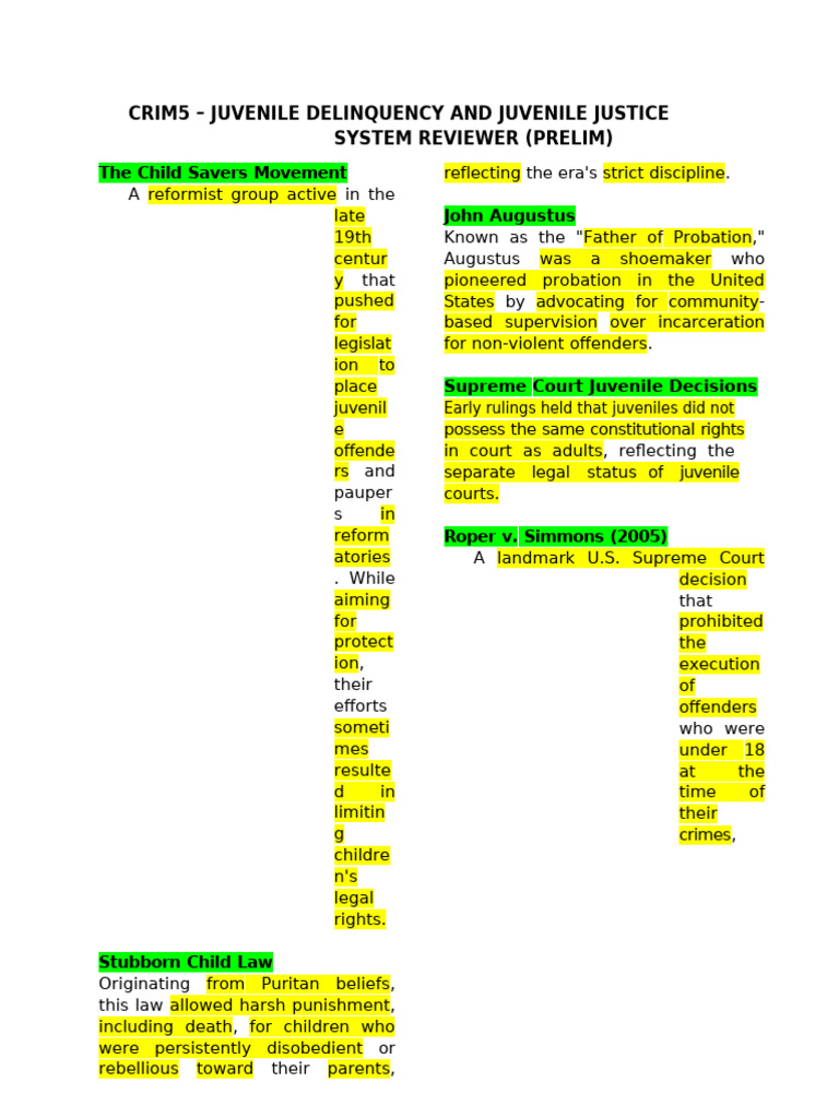 Crim5 Juvenile Delinquency and Juvenile Justice System Reviewer Prelim ...