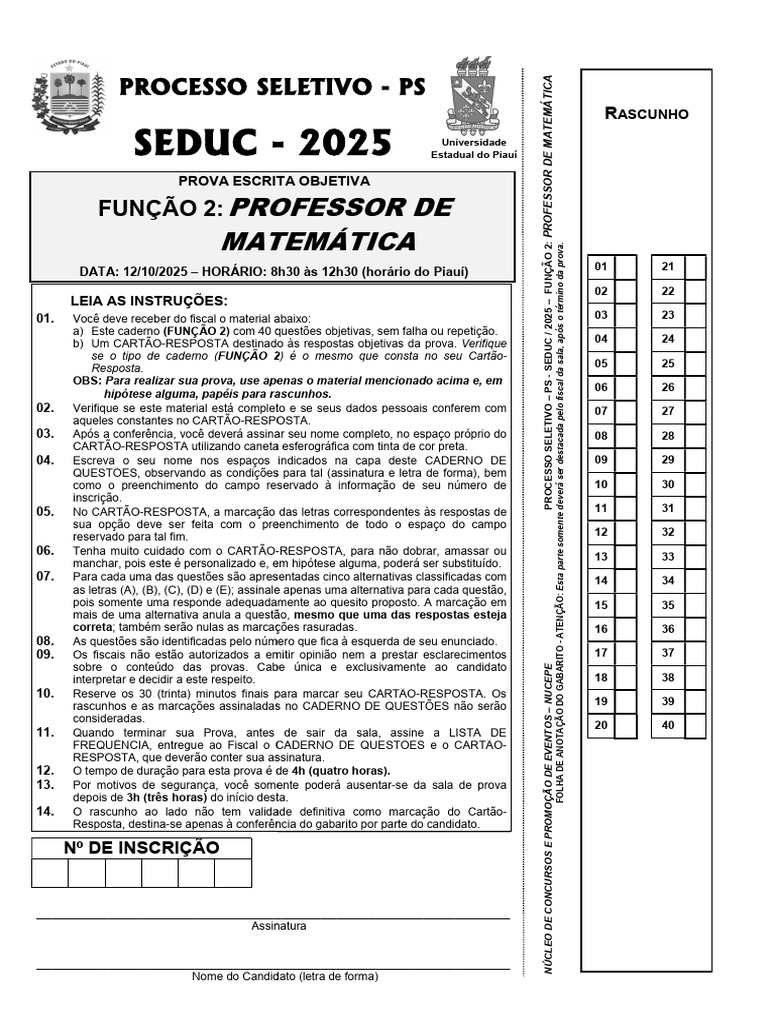 Prova Objetiva Professor de Matemática 2025 | PDF | Pedagogia ...