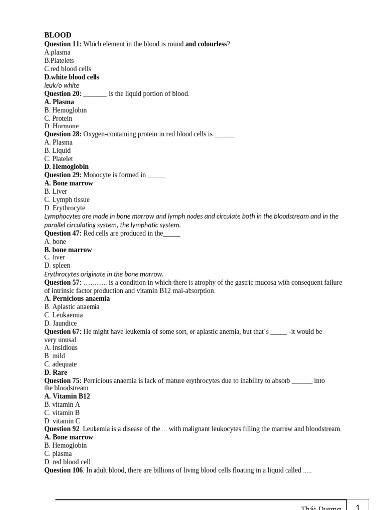 Blood Components and Disorders Quiz | PDF | Skin | Anemia