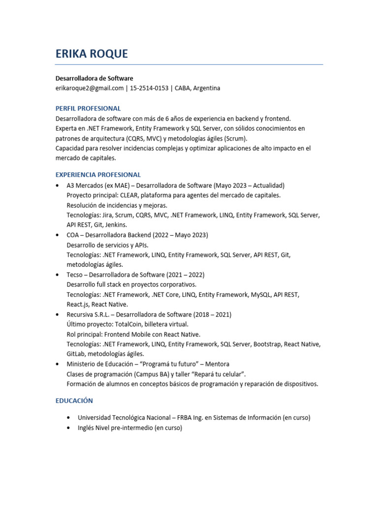 Desarrolladora de Software: Erika Roque | PDF