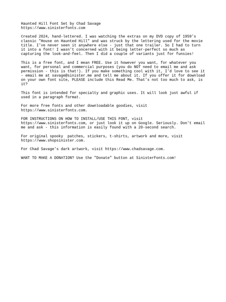 Haunted Hill Font Set Info and Read Me - Sinister Fonts | PDF