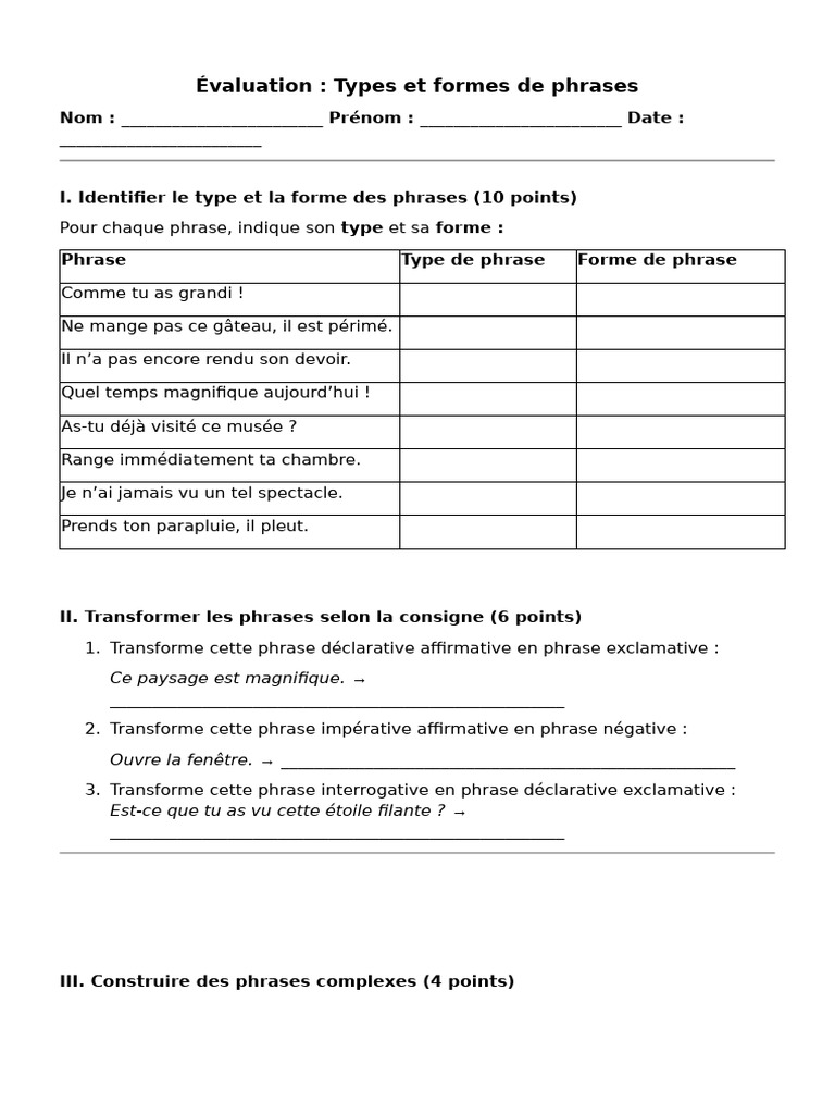 Évaluation des types de phrases CM1/CM2 | PDF