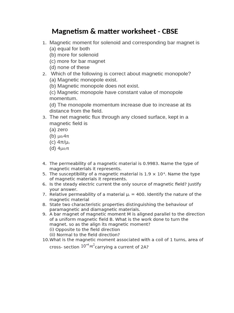 Magnetism and Matter Worksheet CBSE | PDF