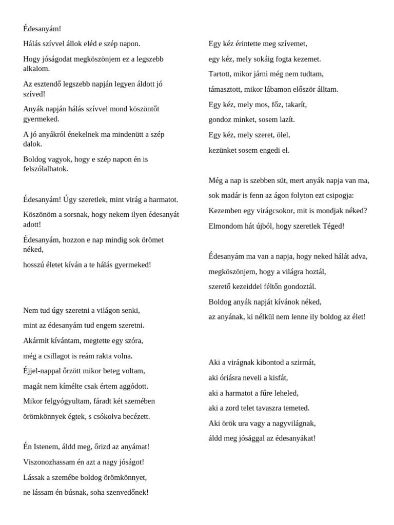 Anyák Napi Versek 2025 | PDF