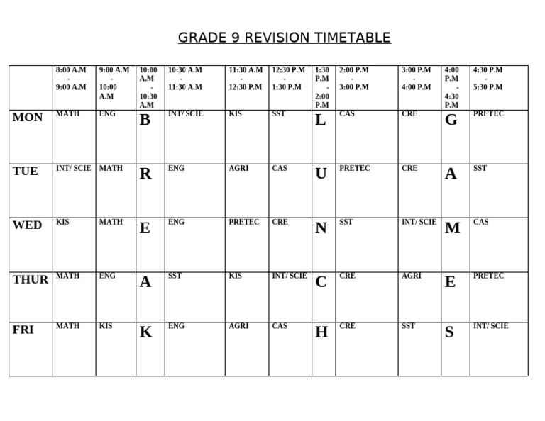 Grade 9 Revision Timetable | PDF