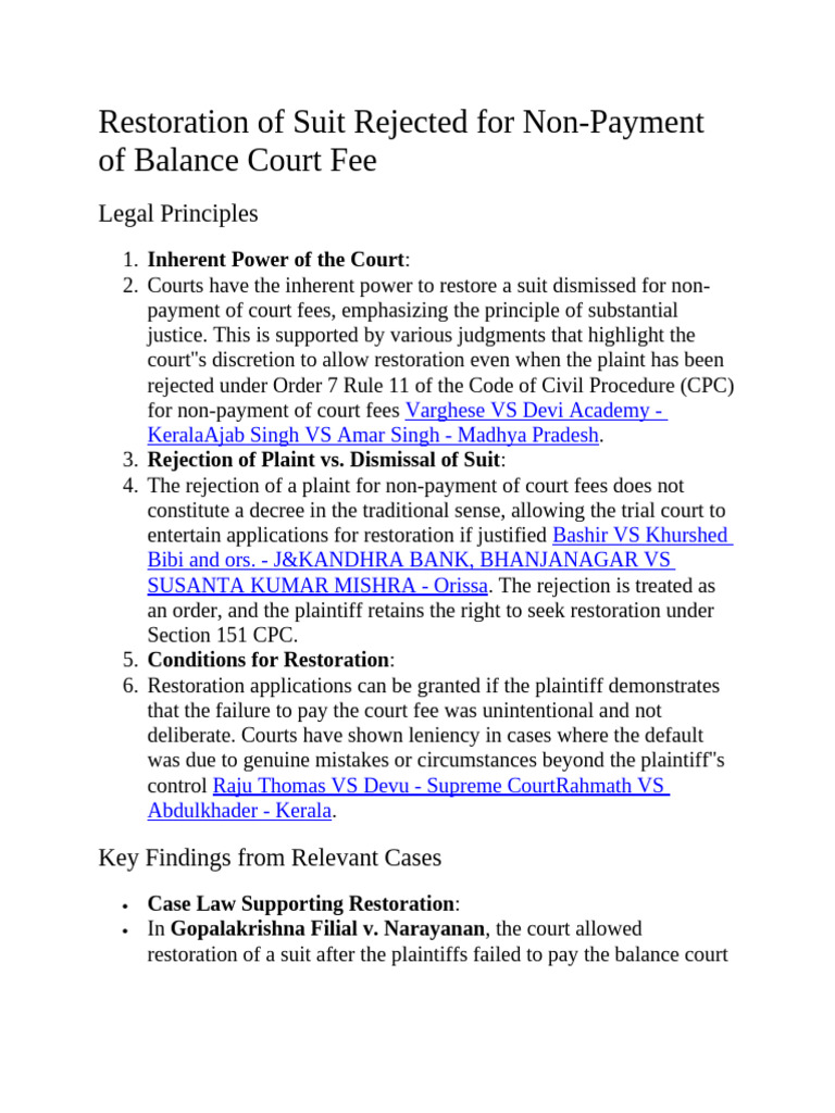 Restoration of Suit Rejected For Non Payment of Court Fess Litreture ...