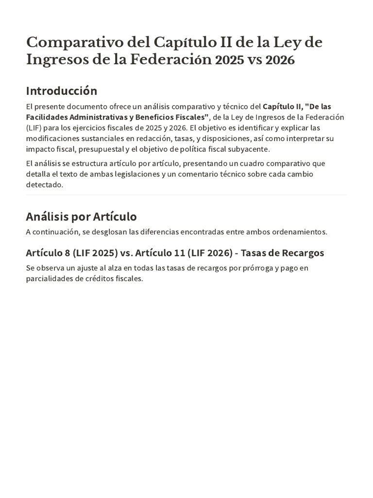 Comparativo Del Capítulo II de La Ley de Ingresos de La Federación 2025 Vs 2026 | PDF ...