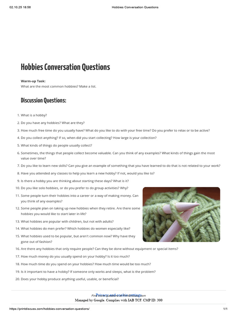 Hobbies Discussion Questions Guide | PDF | Chess | Chess Theory