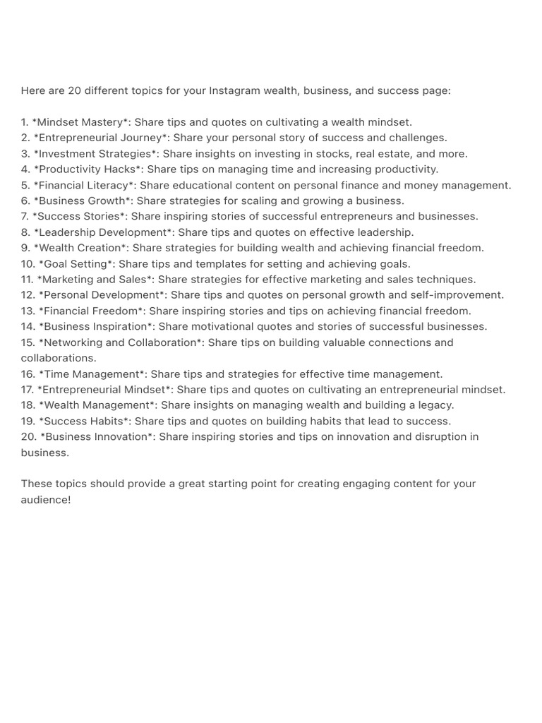 Here Are 20 Different Topics For Your Instagram Wealth, Business, and | PDF
