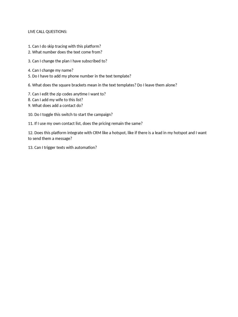 Additional Live Call Questions | PDF