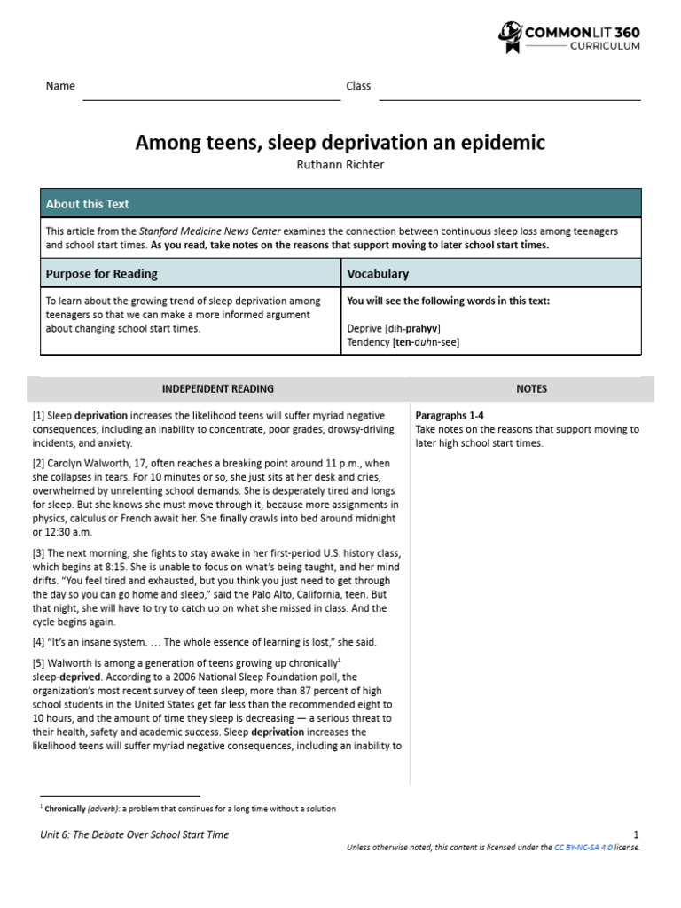 8G Unit 6 Among Teens Sleep Deprivation An Epidemic STUDENT COPY Ed2.0 ...