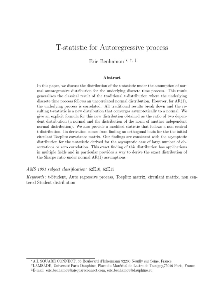 T-Statistic Distribution in AR(1) Process | PDF | Variance | Normal ...