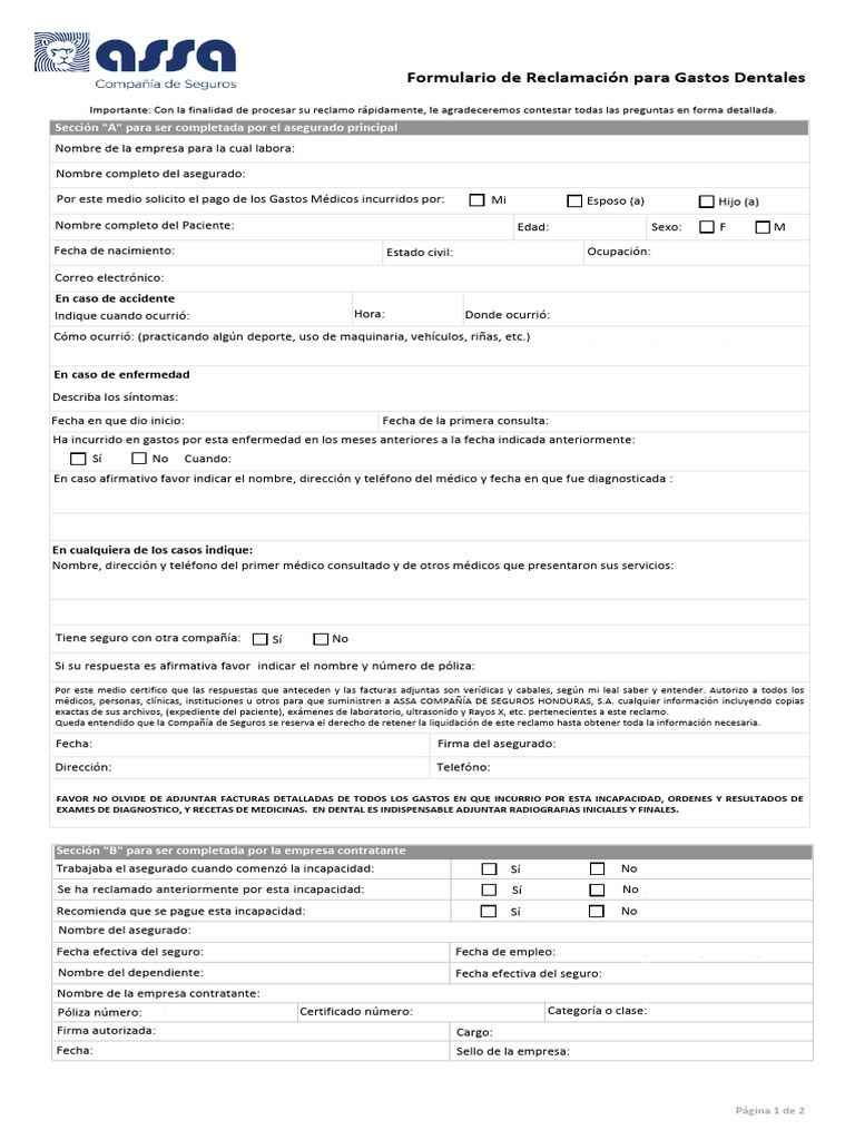 Formato Reclamo Dental Assa | PDF | Póliza de seguros | Seguro
