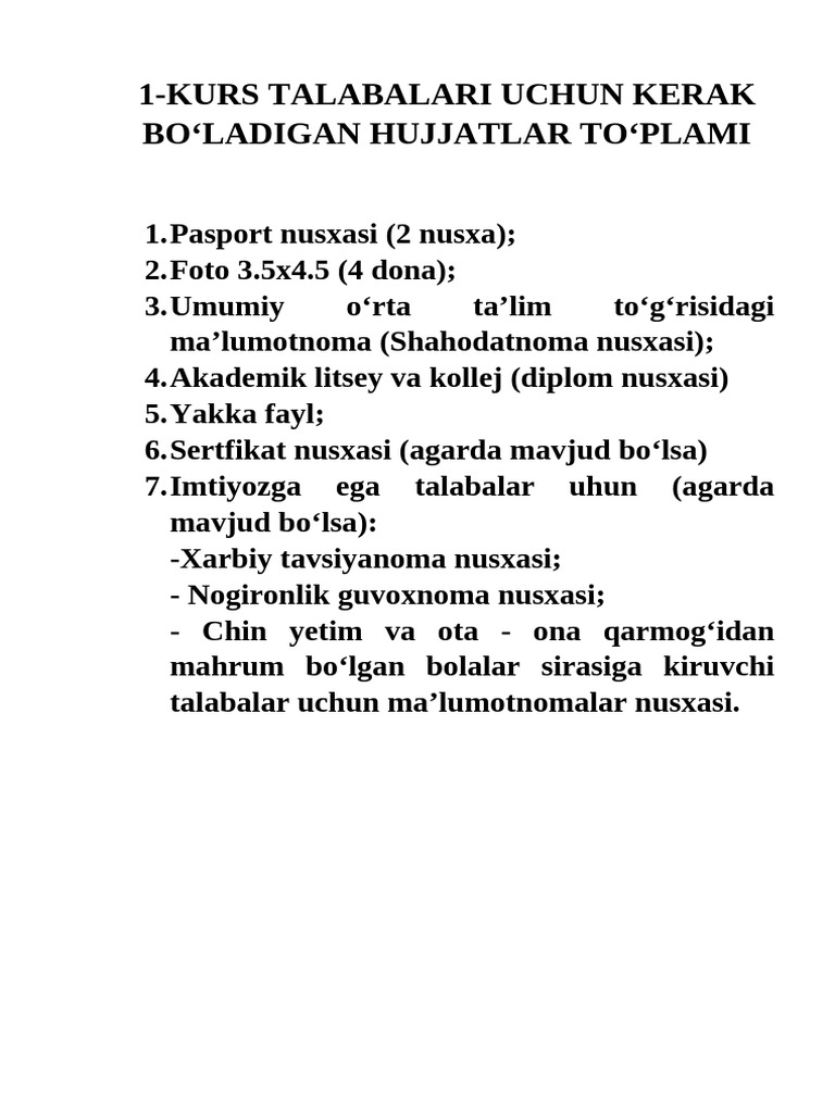 1-Kurslar Uchun Kerak Bo'Aladigan Hujjatlar | PDF