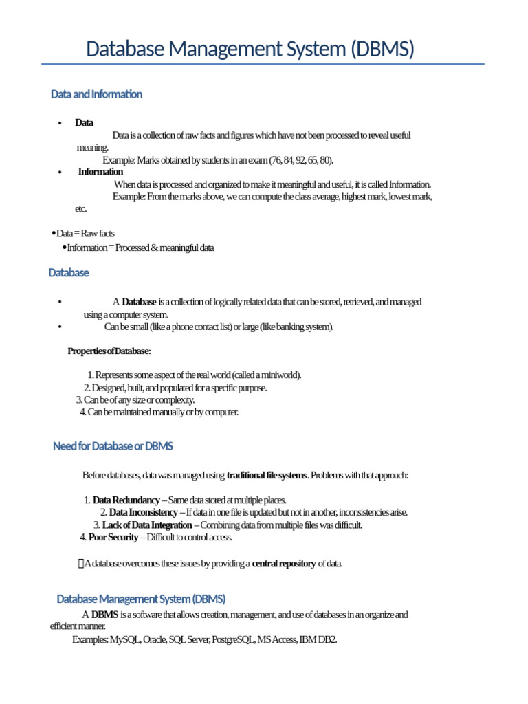 DBMS Overview for Class 11 Students | PDF | Databases | Relational Database