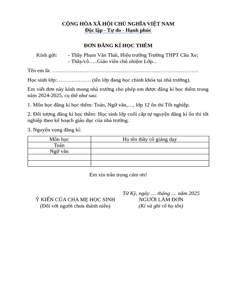 Mau Don Dang Ky Hoc Theo TT 29 1 3 | PDF