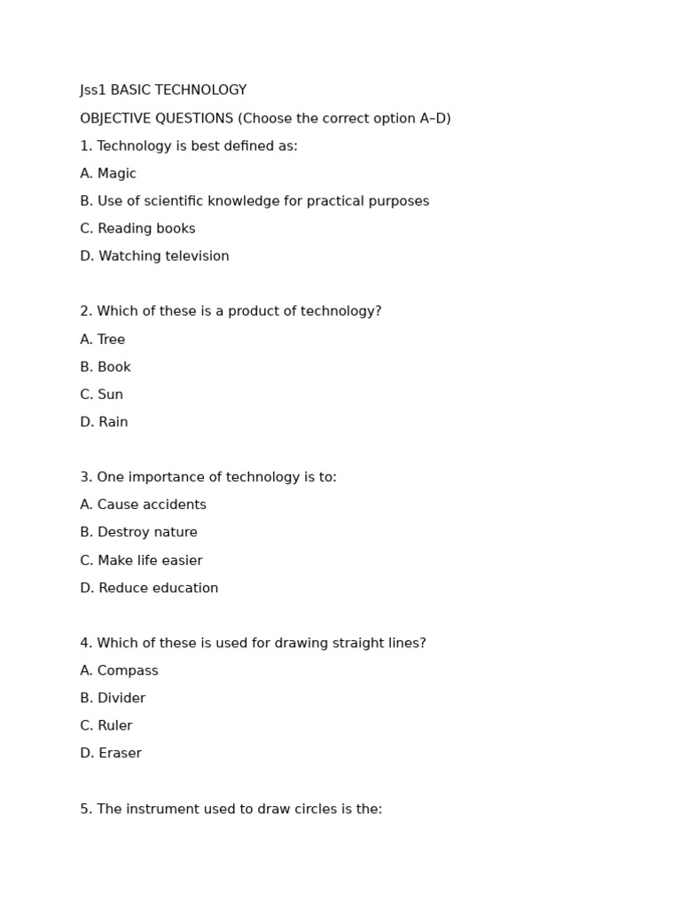 JSS1 Basic Technology Quiz & Theory Guide | PDF