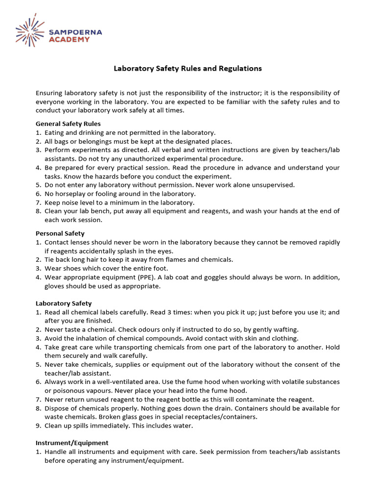 Laboratory Safety Rules and Regulation - Form - Keenan G9 | PDF ...