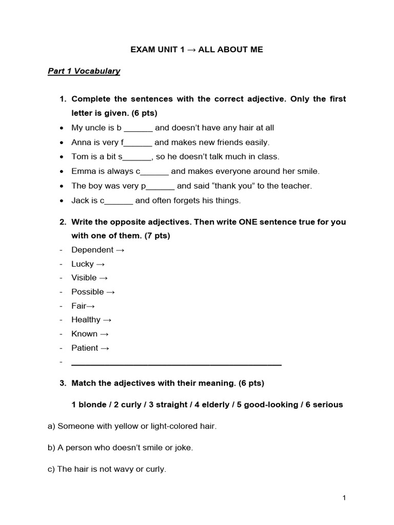 Exam Unit 1 All About Me | PDF | Linguistic Typology | Linguistics