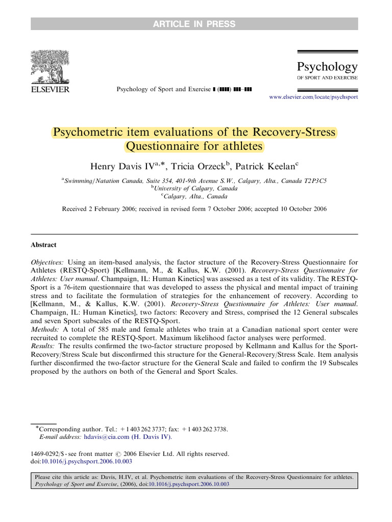 III - 5 - Psychol Sport Exerc. 2007 - REST-Q Sport Questionnaire | PDF ...