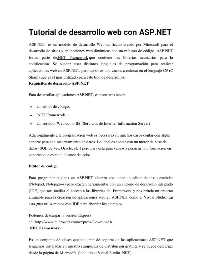 Guía ASP.NET: Crea tu Primera App Web | PDF | Microsoft Visual Studio | Páginas del servidor activo
