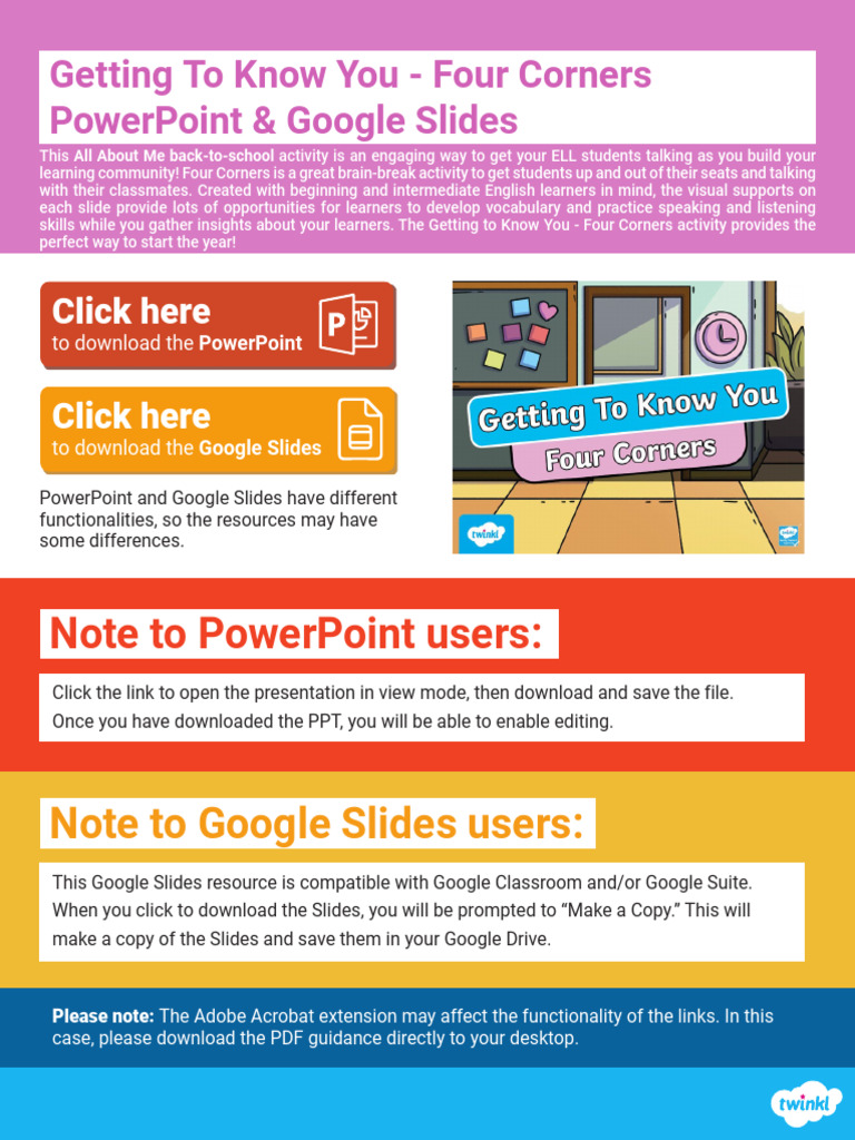 Back To School Getting To Know You Four Corners Powerpoint Google ...