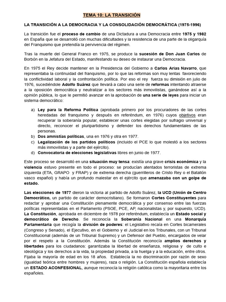 Tema 10 - La Transición PDF | PDF | España | Democracia
