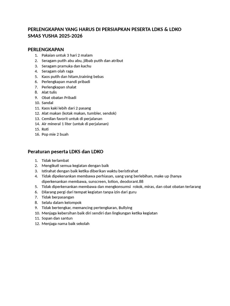 Perlengkapan Yang Harus Di Persiapkan Peserta Ldks 25 | PDF