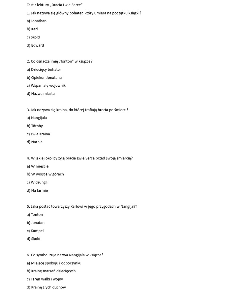Bracia Lwie Serce - Test Lektura | PDF