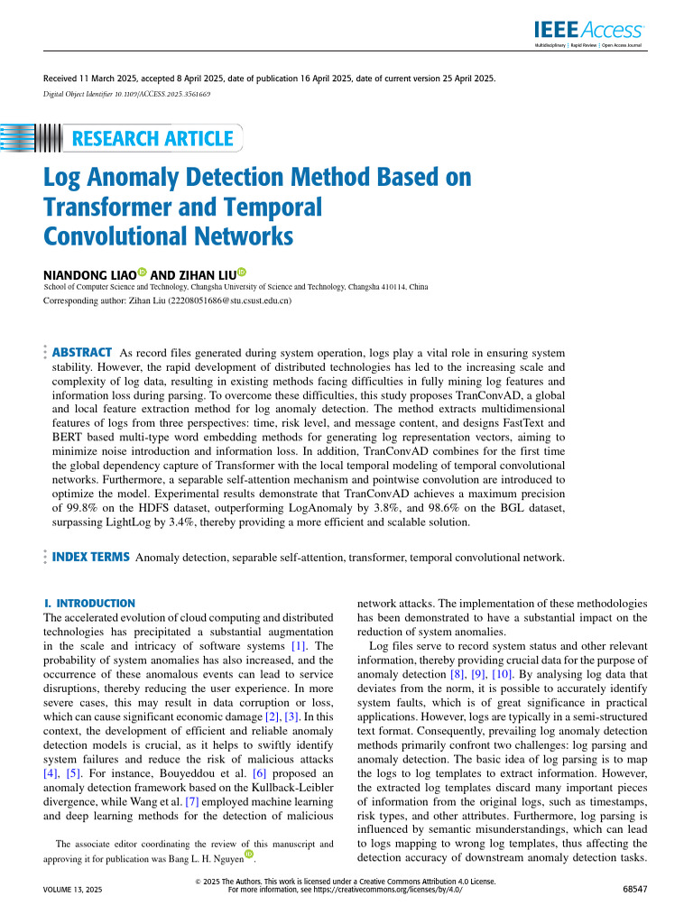Log Anomaly Detection Method Based on Transformer and Temporal Convolutional Networks | PDF ...