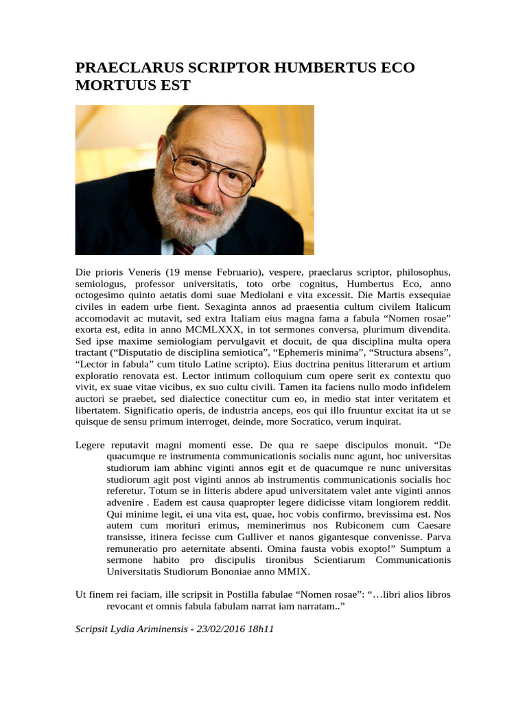 Praeclarus Scriptor Humbertus Eco Mortuus Est | PDF