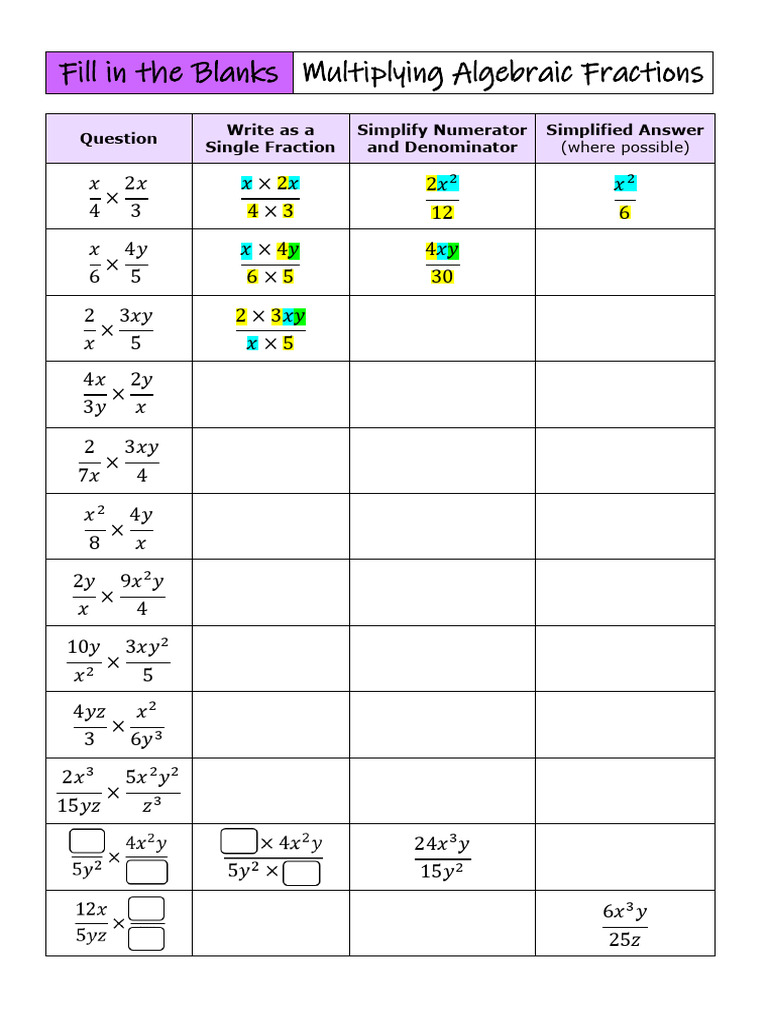 Multiplying Algebraic Fractions Fill in The Blanks | PDF