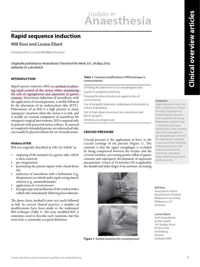 Rapid Sequence Induction Overview | PDF | Clinical Medicine | Medical ...