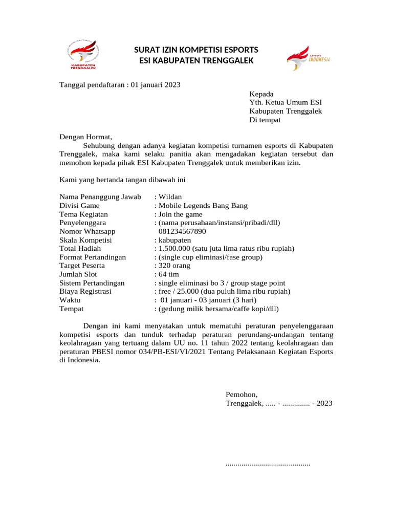 Contoh Surat Izin Kompetisi Esports Esi Kabupaten Trenggalek | PDF