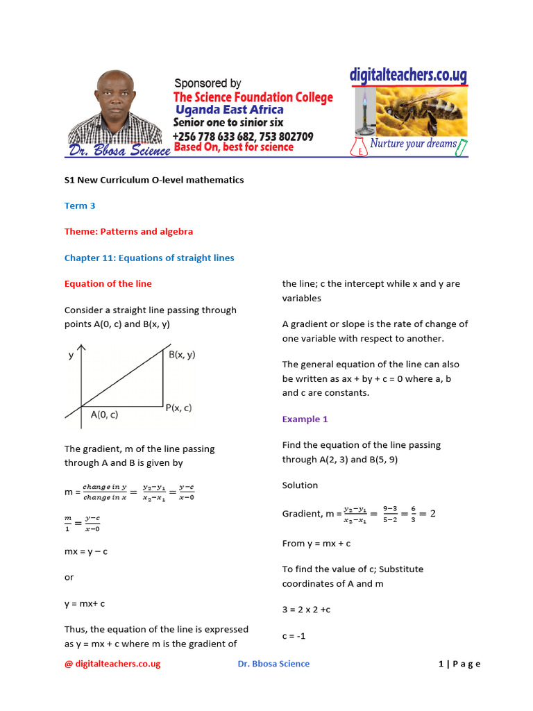 O-Level Math: Equations of Straight Lines | PDF | Equations | Line ...