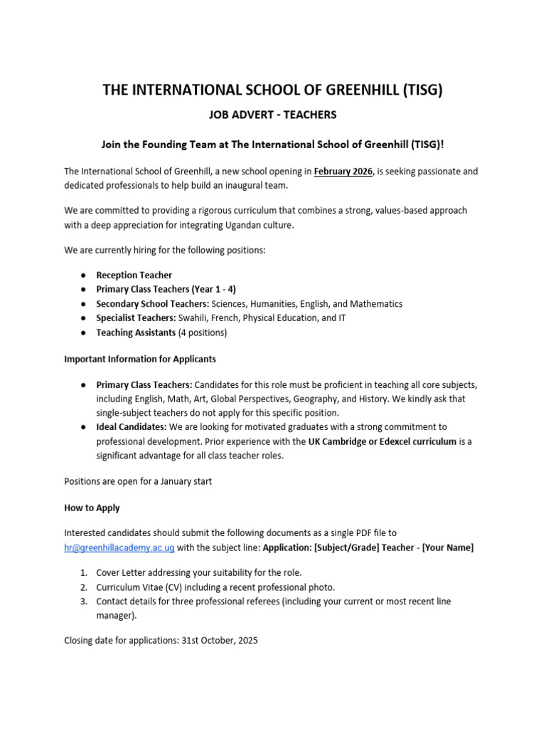 The International School of Greenhill Advert For The Position of ...