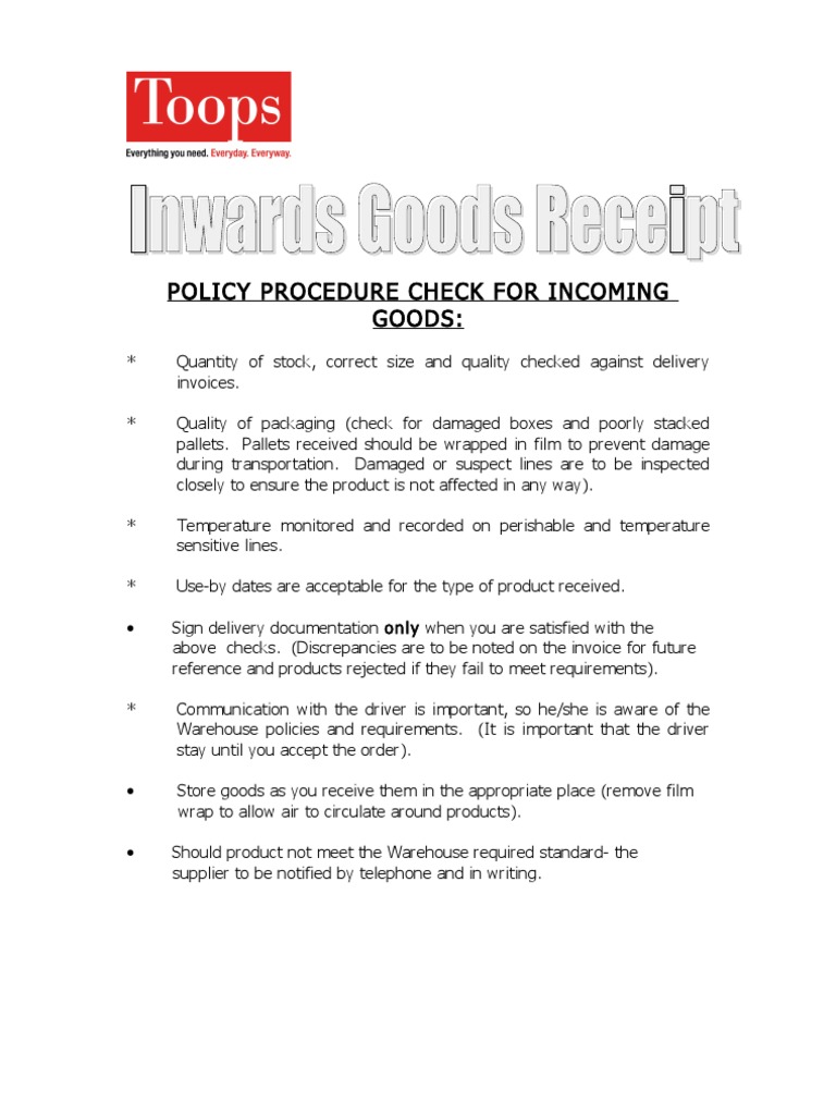 Toops Policy Procedure Check For Incoming Goods | PDF | Delivery ...
