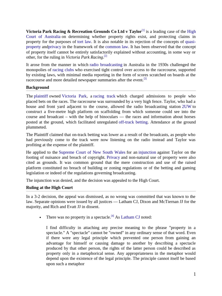 Victoria Park Racing v Taylor Case Summary | PDF | Common Law | Justice