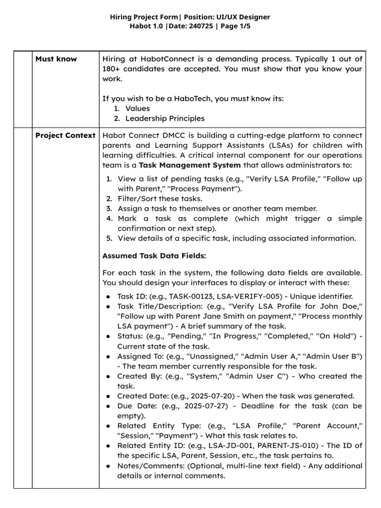 Hiring-Project Form- UI_UX Designer - Habot1.0-240725 | PDF | User Interface | Software Engineering