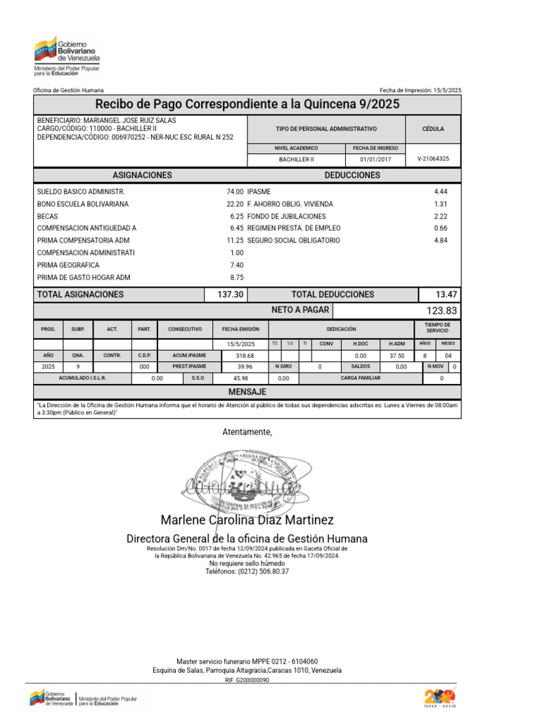 Recibo de Pago Correspondiente A La Quincena 9/2025: Marlene Carolina ...