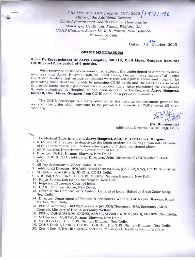 De-Empanelment Order of Aarvy Hospital | PDF