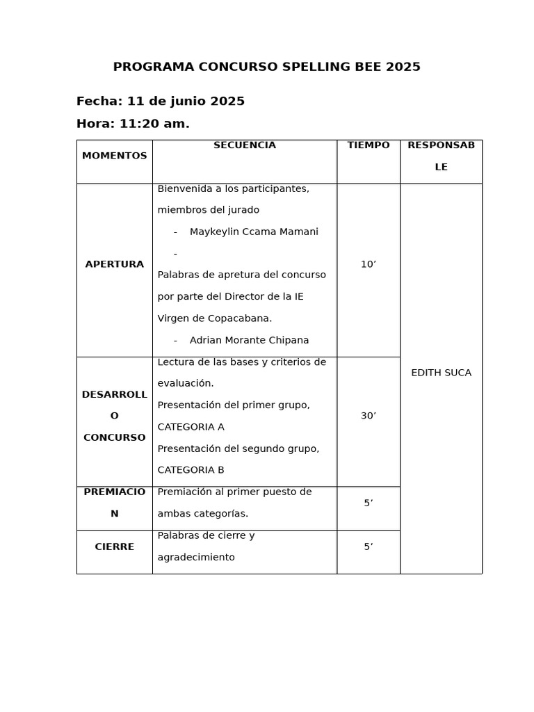 Programa Concurso Spelling Bee 2025 | PDF