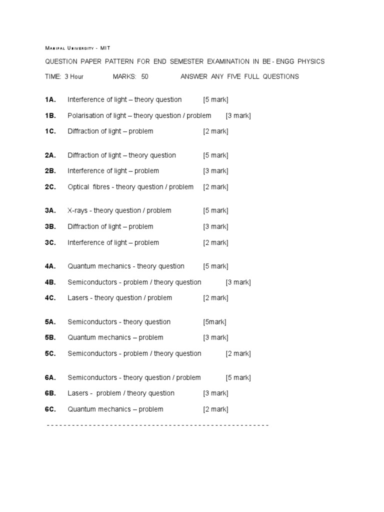 Question Paper Pattern For End Semester Examination in Be - Engg ...