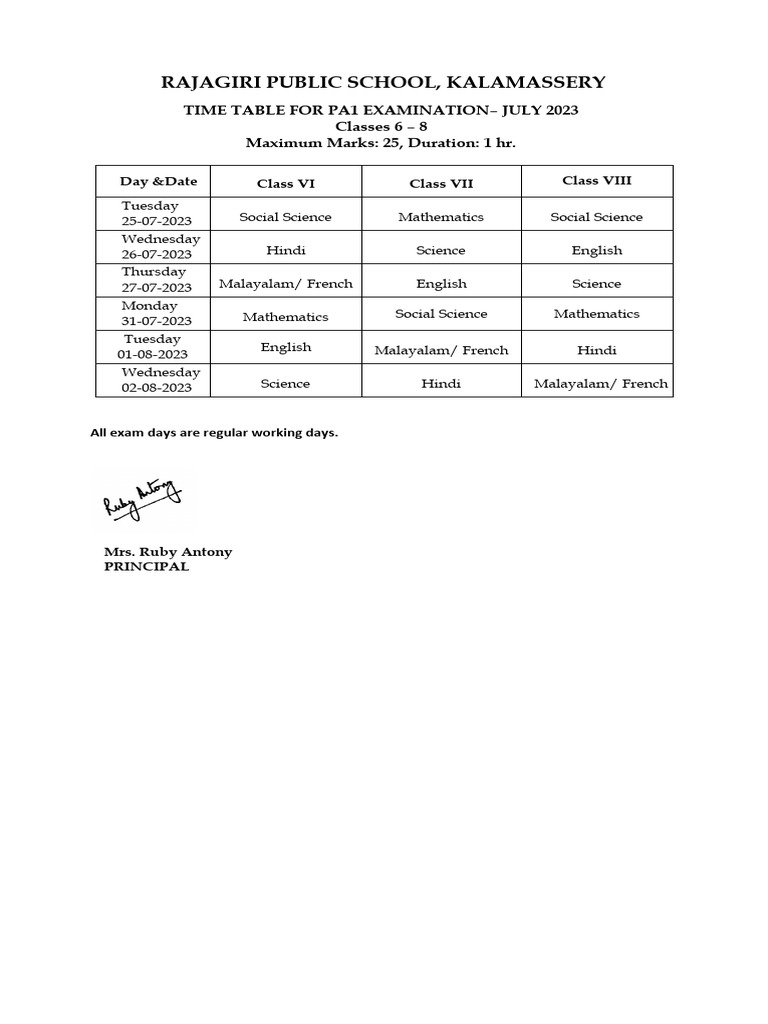Pa1 Time Table 2023 Classes 6-8 | PDF