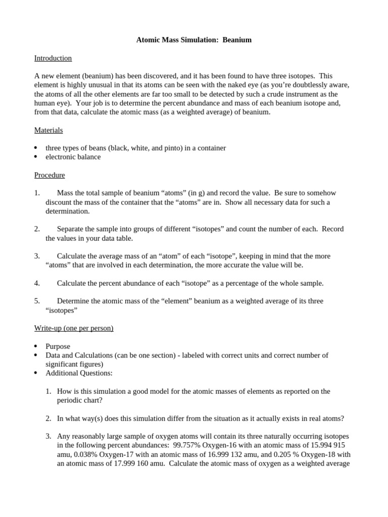 Beanium Atomic Mass Calculation | PDF
